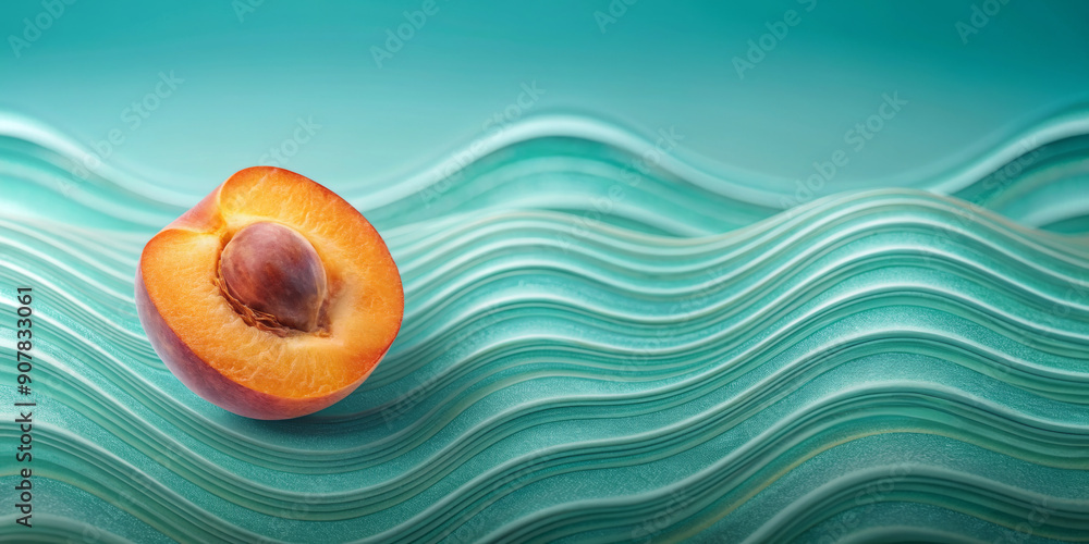 Halved peach with a visible core is placed against the background of ...