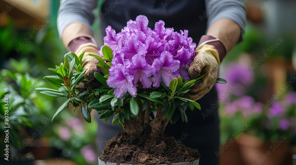 Rhododendron growing concept: a gardener is covering the roots of a ...