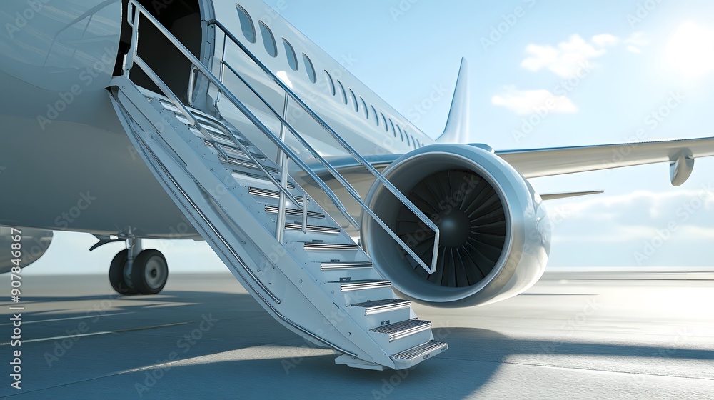 Commercial airplane on tarmac, clear blue sky, bright sunlight, no ...