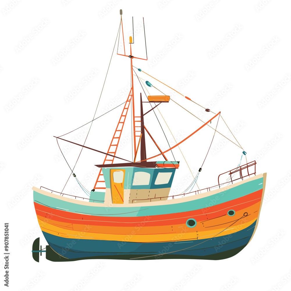 Colorful wooden fishing trawler featuring bright stripes, rigging ...