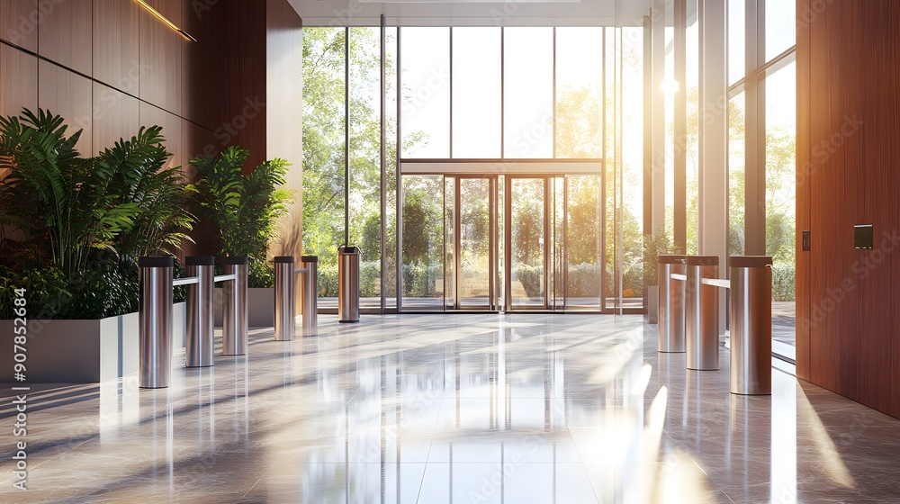 Modern office lobby, security turnstiles, floor-to-ceiling windows ...