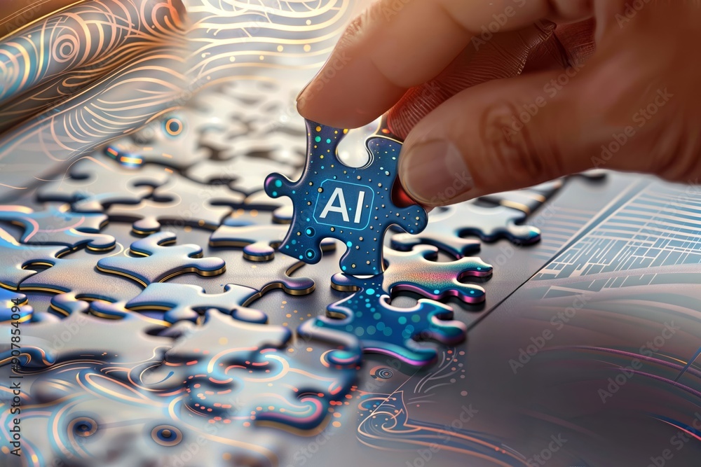 AI Puzzle Integration. A hand places an AI puzzle piece into a complex ...