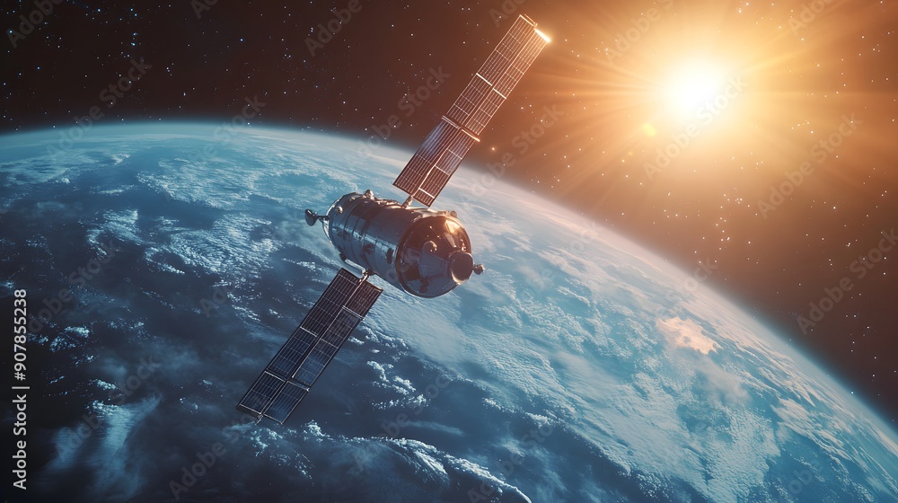 Satellite orbiting Earth, space exploration, solar panels ...