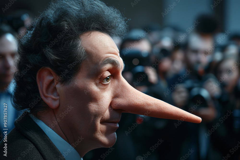 Political person with very long nose like Pinocchio being photographed ...