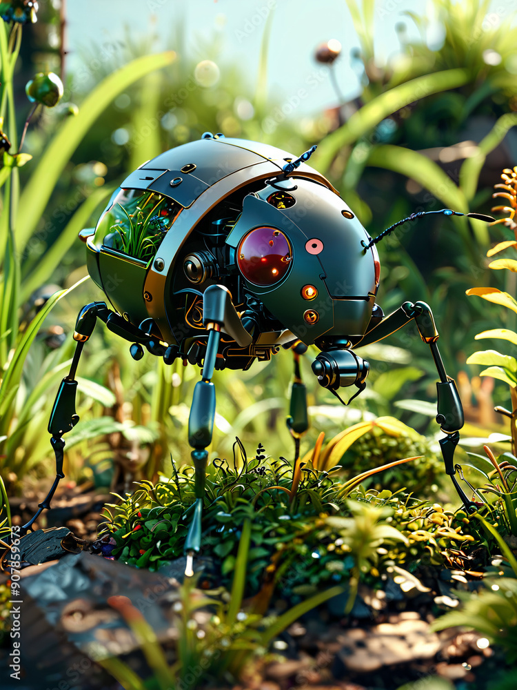 A futuristic robotic insect is depicted in a lush, vibrant natural ...