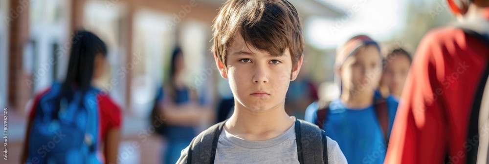 Bold boy defiantly facing the camera amidst taunts from peers standing up against bullying Stock ...