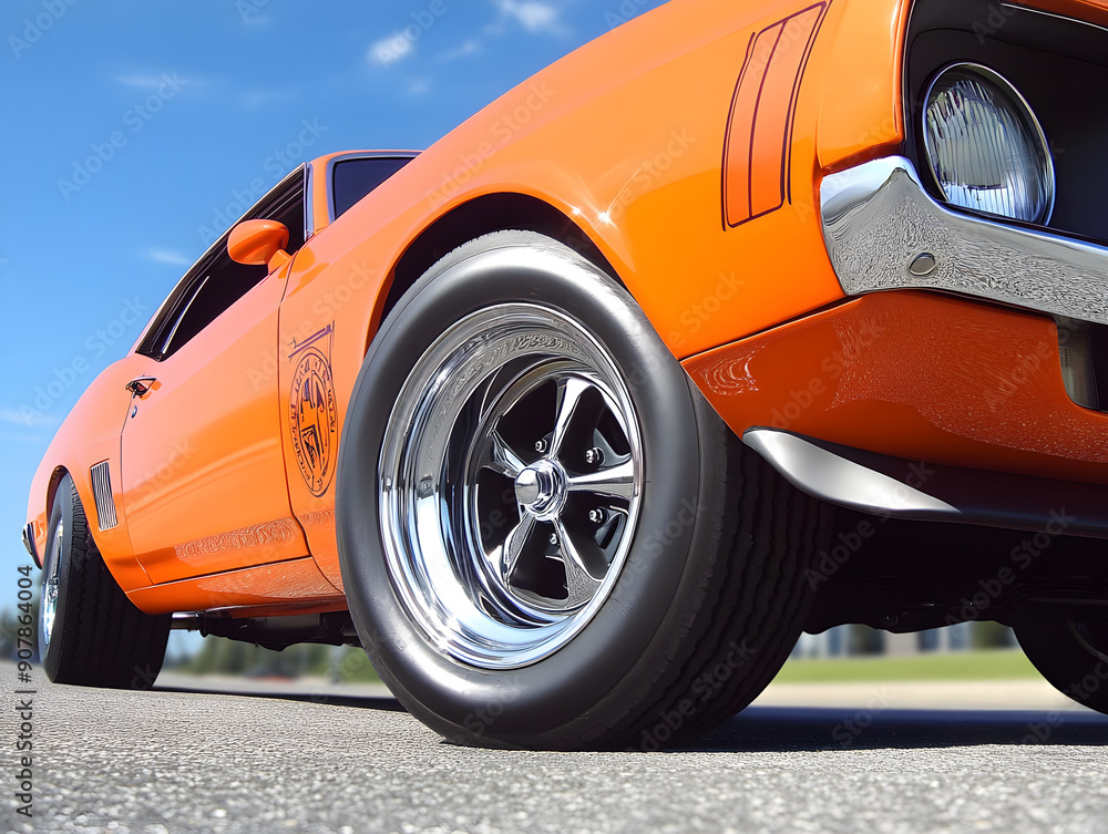 Vibrant Orange Classic Muscle Car in Low-Angle Perspective with Shiny ...