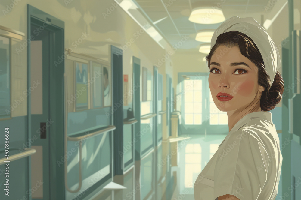Artistic vintage illustration of nurse in hospital setting, capturing ...