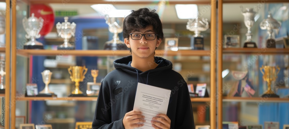 Proud High School Graduate Holding College Acceptance Letter in Front ...