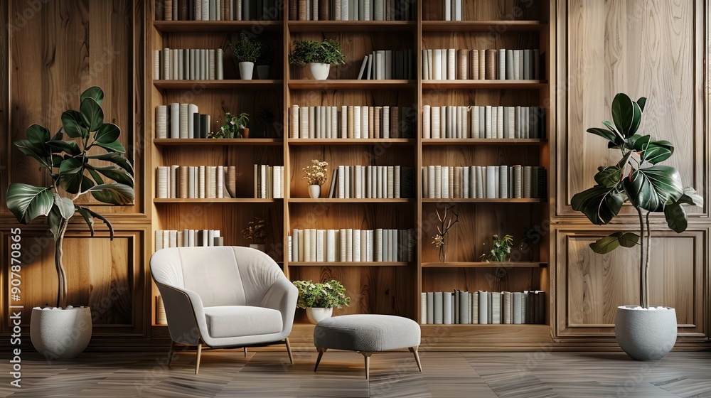 Modern Cozy Home Library with Scandinavian Bookcase and Armchair Stock ...