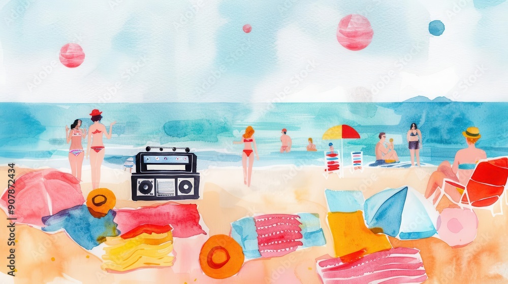 A nostalgic 90s beach scene with colorful towels, boom box playing 90s ...