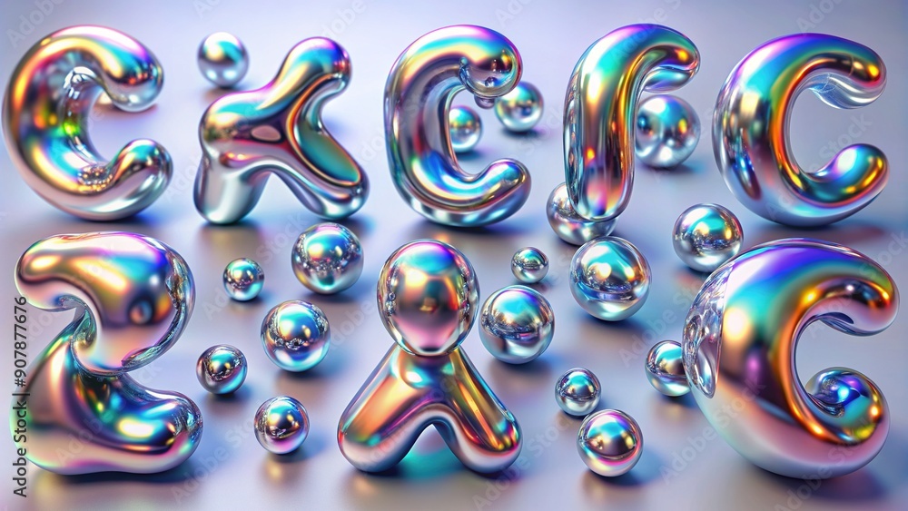 Futuristic 3D chrome font set with liquid metal effect, hologram bubble ...