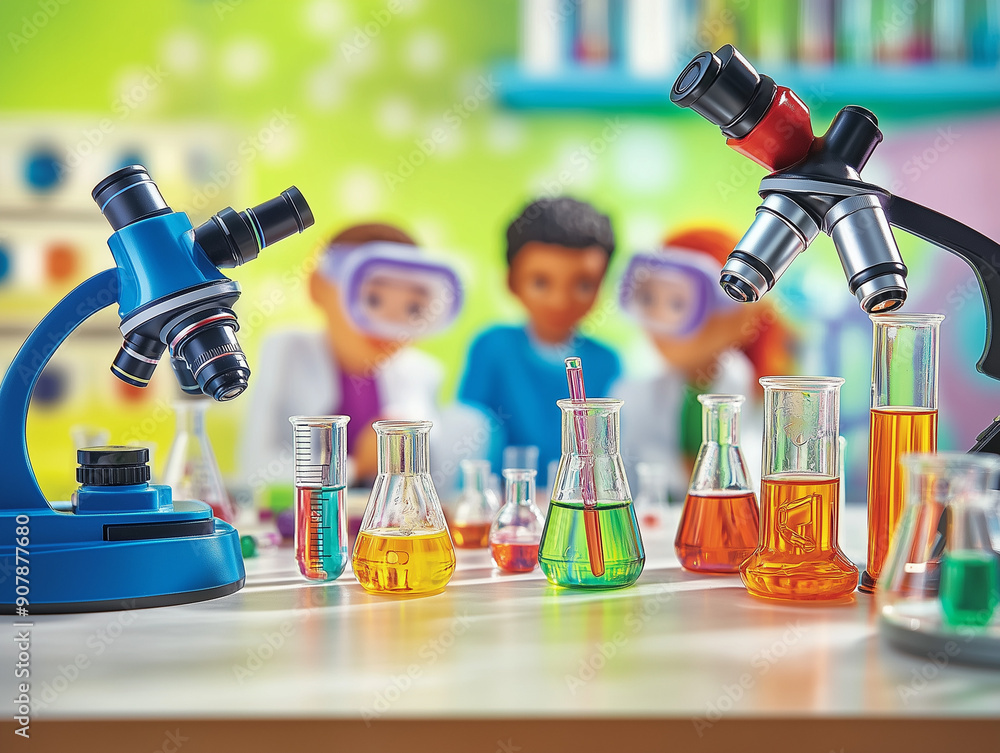 Exciting back-to-school scene set in colorful science lab. The ...