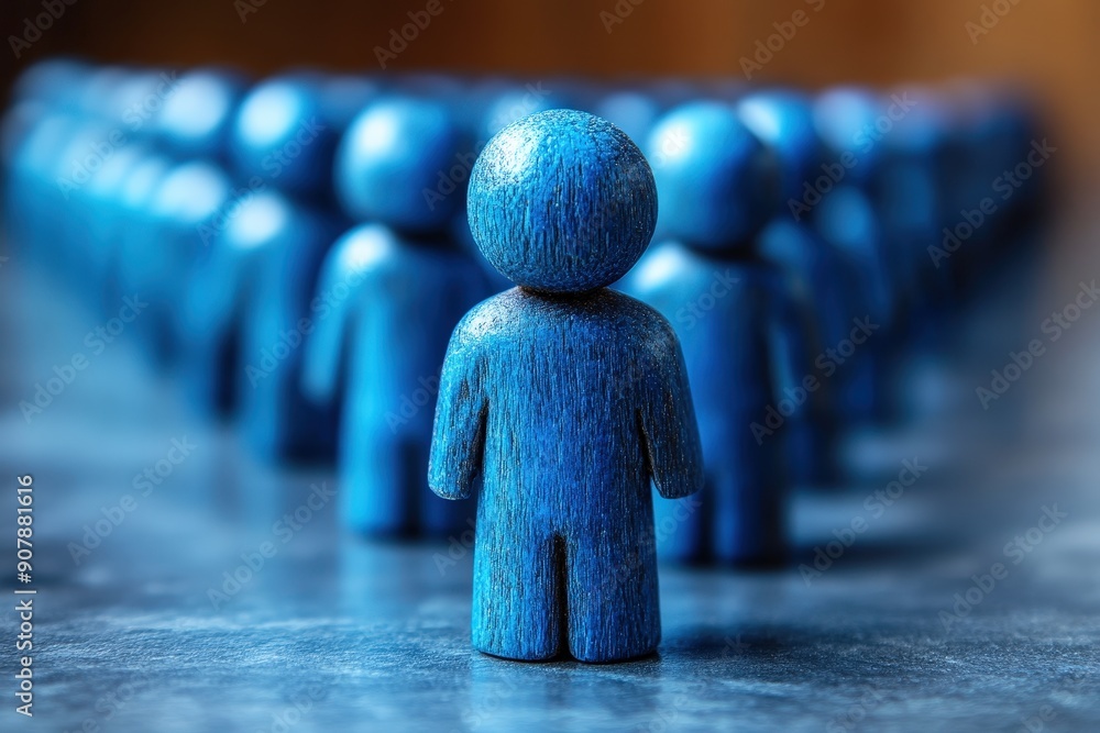 The Leader Stands Out: A single blue wooden figurine stands prominently ...