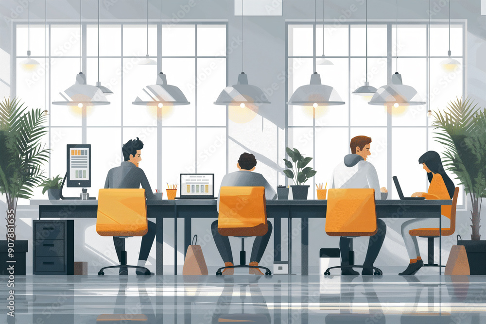 Office environment with employees working at desks. The work area is ...