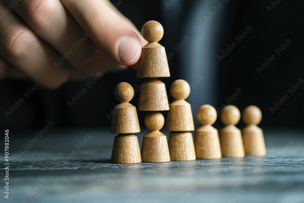 Building a Strong Foundation: A hand carefully places a wooden figure ...