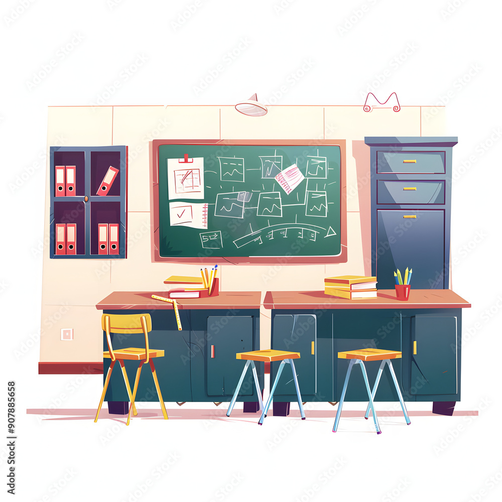 math classroom interior, school classroom with teacher table and desks ...