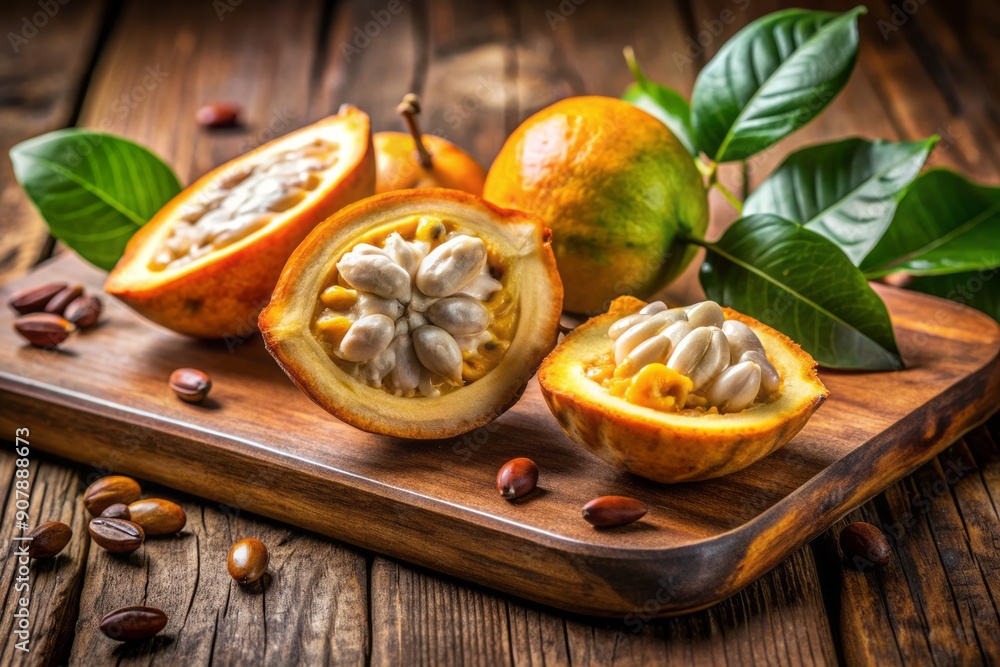 Vibrant pulp of freshly opened cupuaçu fruit spills out onto wooden ...
