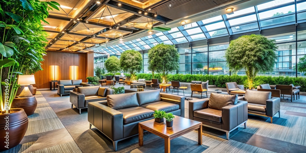 Elegant airport lounge with modern furnishings, lush greenery, and ...