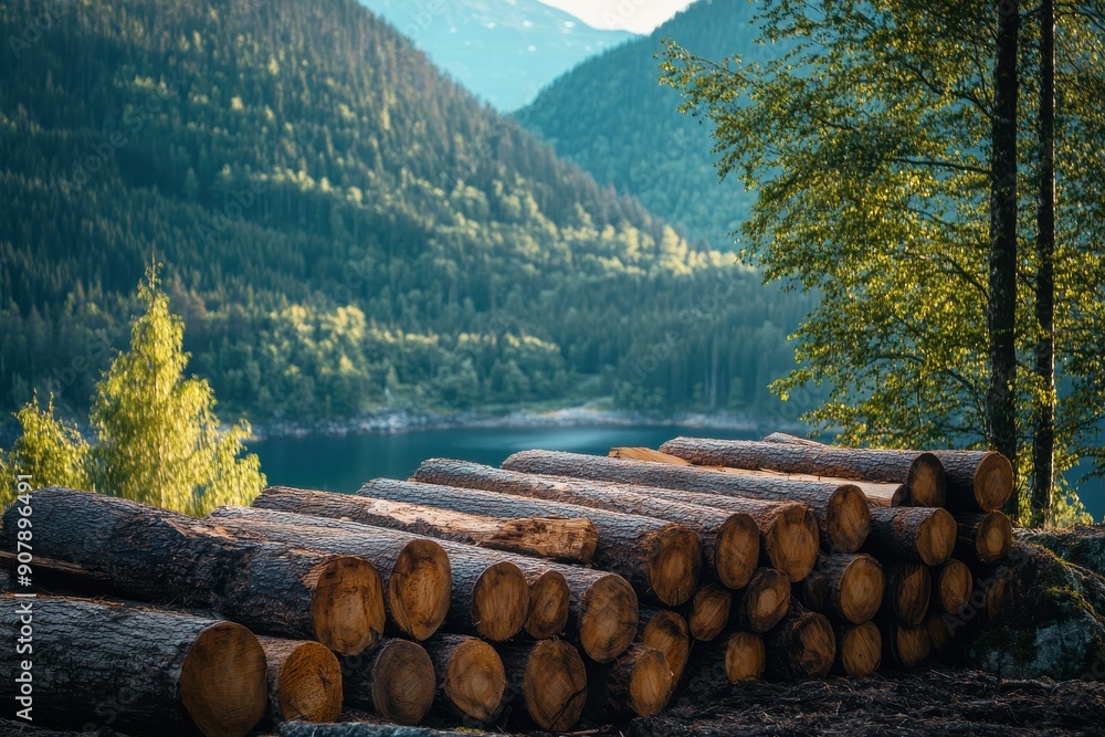 Logging Scene: Fresh Cut Timber with Forest Backdrop Stock Photo ...