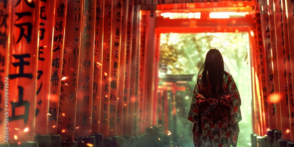 Japanese woman, shinto religion, stroll by gates, spiritual path, and ...