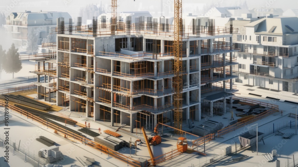 Generate a photo realistic image of a construction project displaying a ...