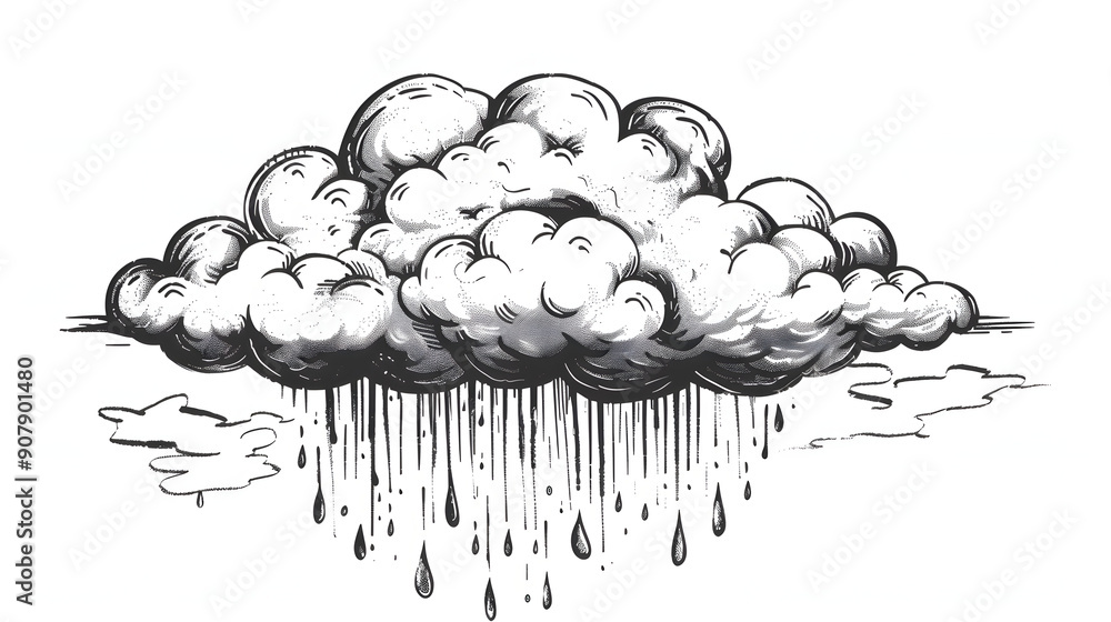 cloud with rain raindrops sketch engraving png illustration. scratch ...