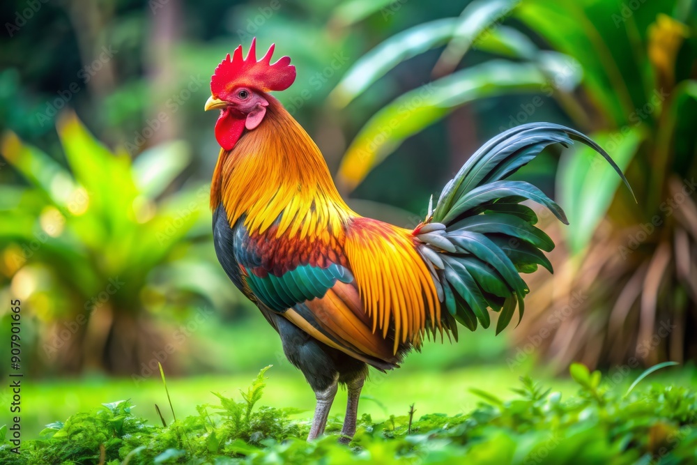 Vibrant Javanese chicken with distinctive plumage stands proudly on a ...