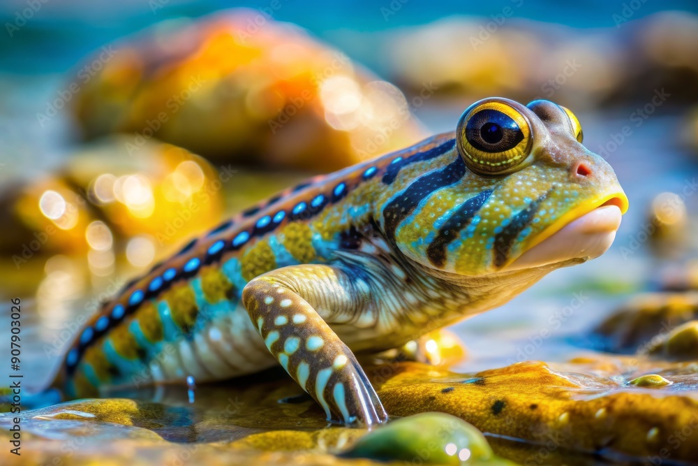 Vibrant mudskipper with unique yellow and blue striped markings perches ...