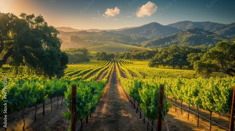 A scenic vineyard with rows of grapevines stretching into the distance ...