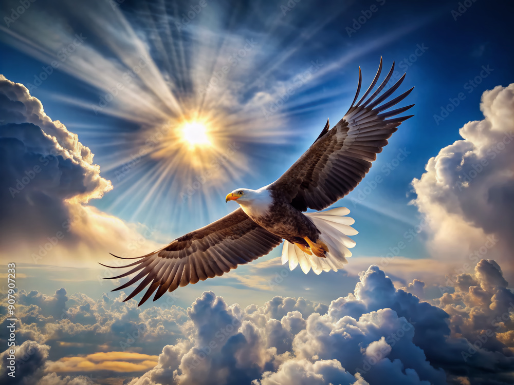 Majestic eagle soaring high above fluffy white clouds, its outstretched ...