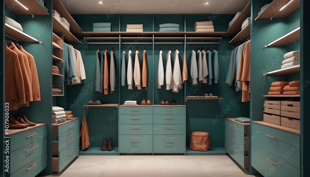 A modern minimalist men's walk-in wardrobe is equipped with clothes ...