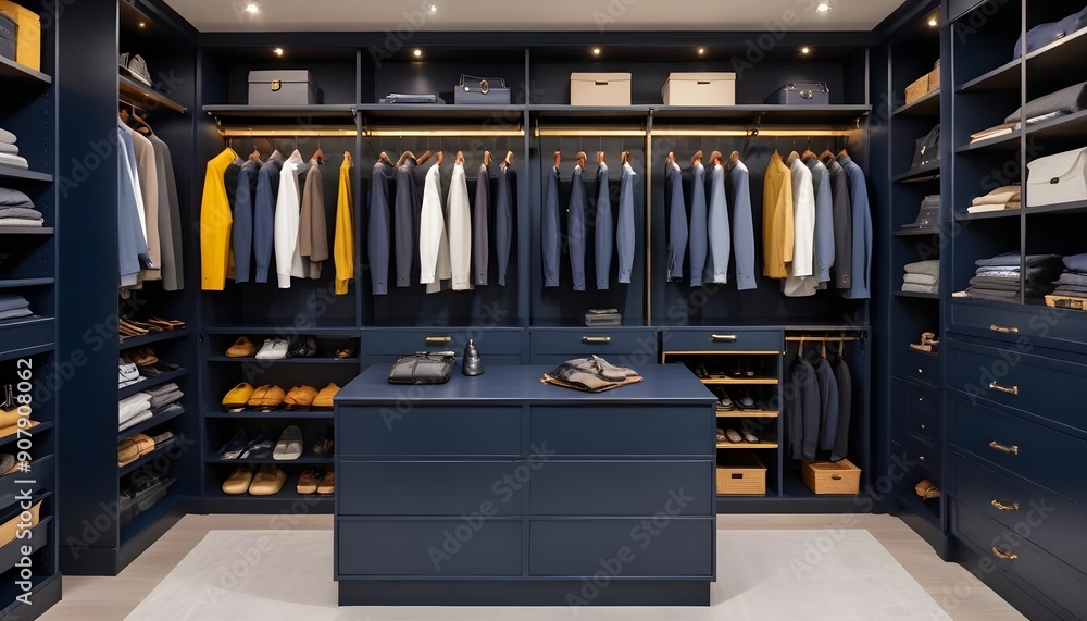 A modern minimalist men's walk-in wardrobe is equipped with clothes ...