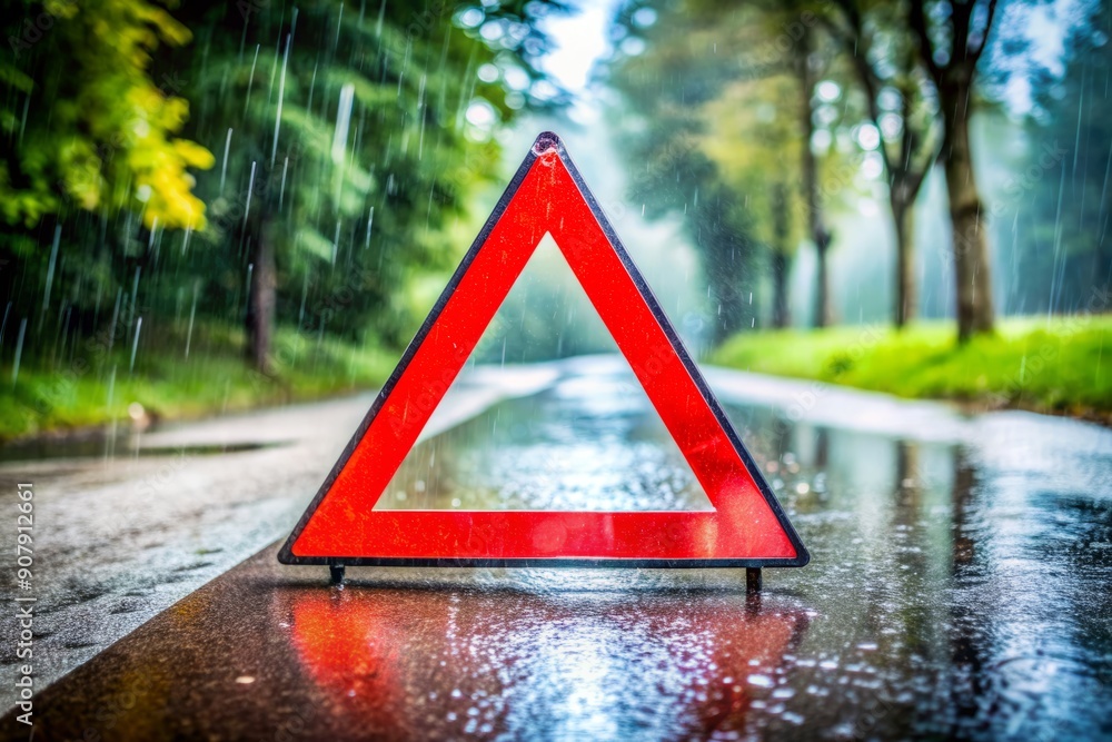 Wet road with a solitary red triangular warning sign standing upright ...