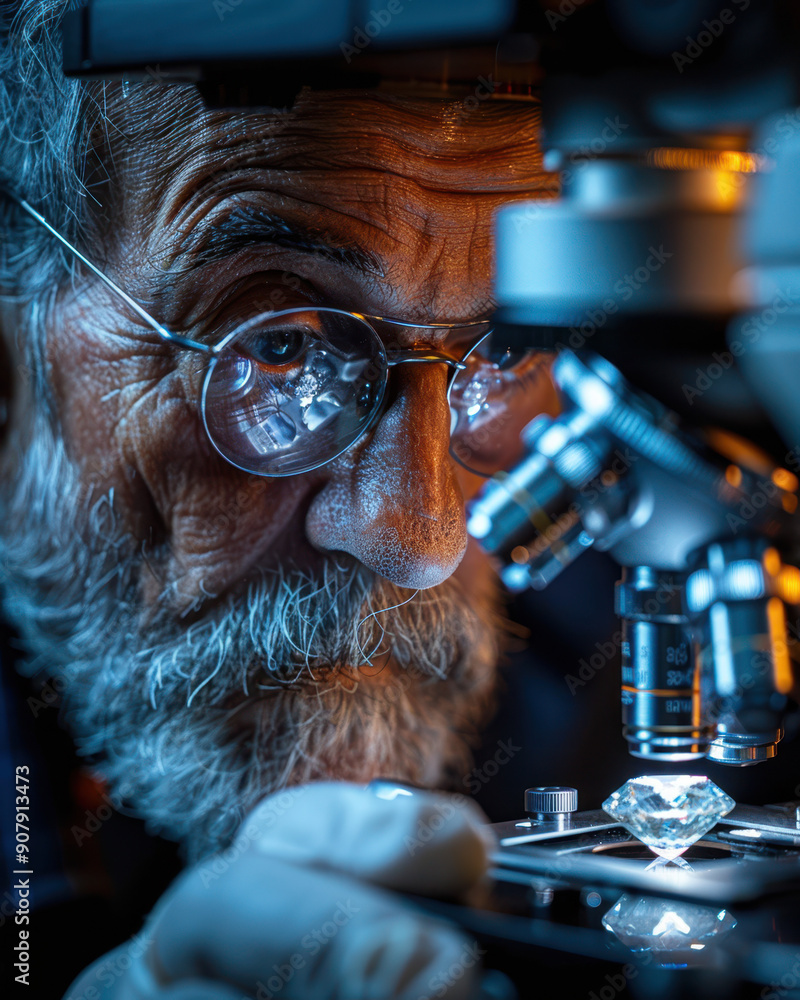 Elderly man examining a diamond through a microscope with intense focus ...