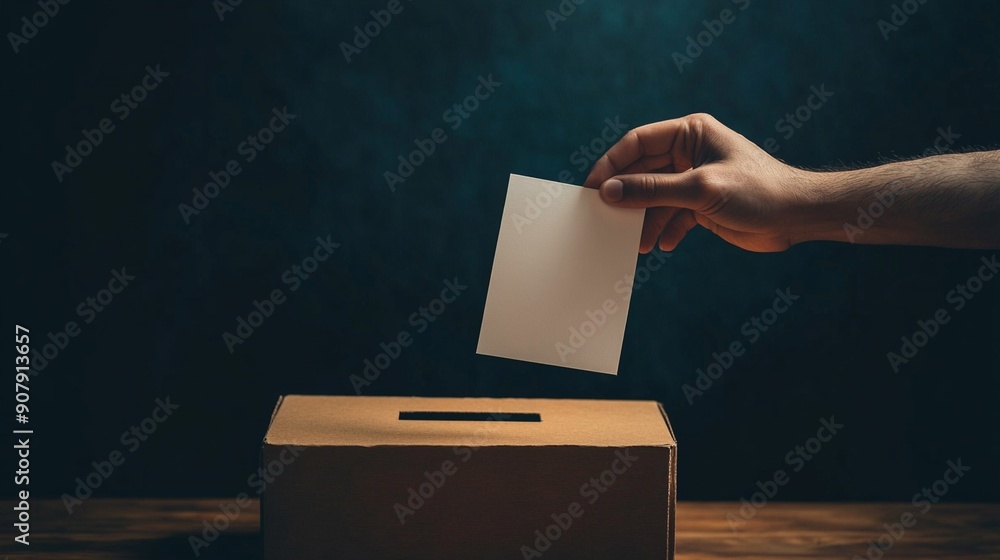 Hand inserting ballot into voting box against dark background ...