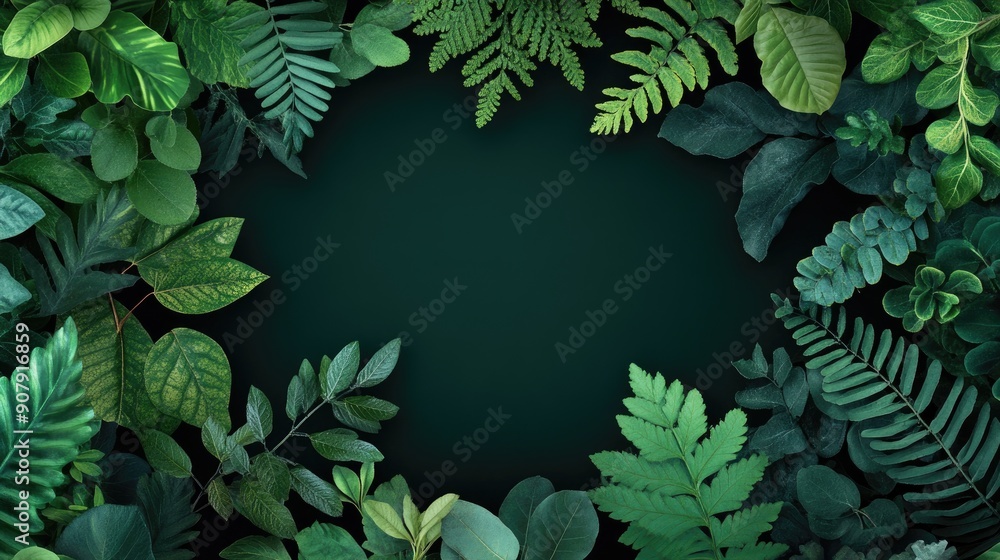 An arrangement of various green leaves forming a full border around a ...