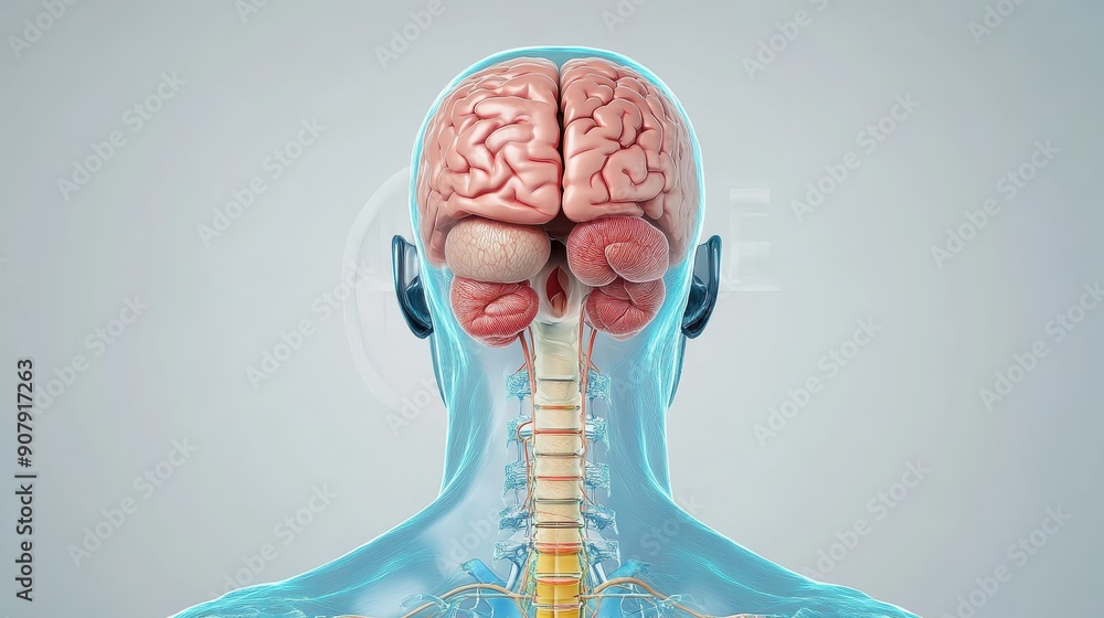 Back view illustration showcasing the human brain and spinal cord ...