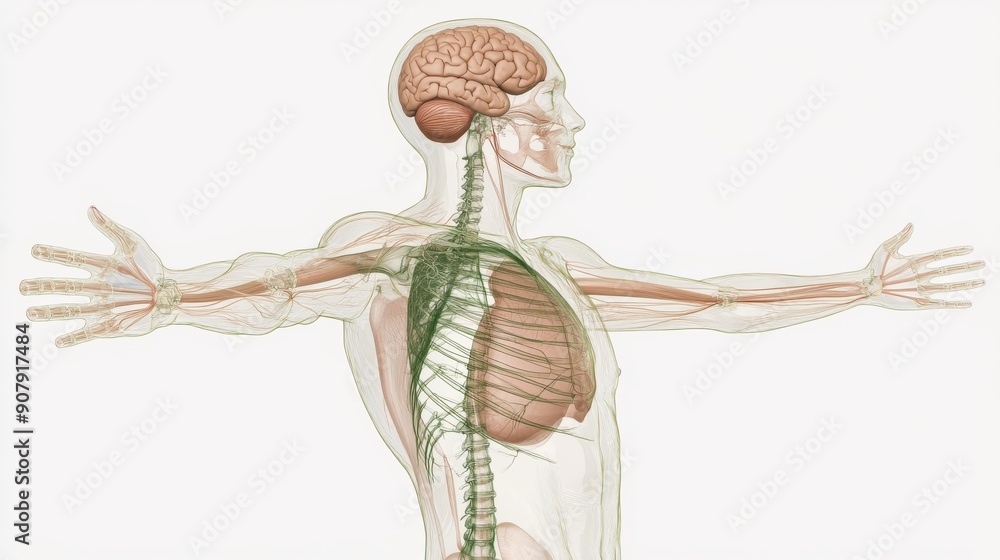 Comprehensive view of human anatomy featuring the nervous system, brain ...