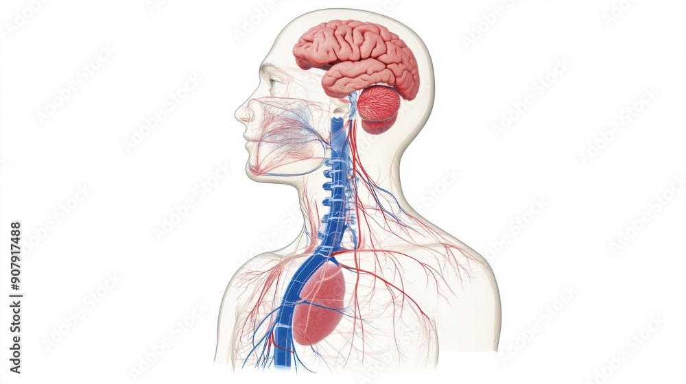 Side view of human anatomy showcasing the brain, spine, and circulatory ...