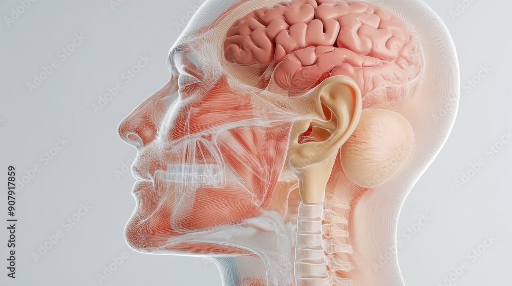 Detailed cross-section of the human head illustrating the brain, ear ...