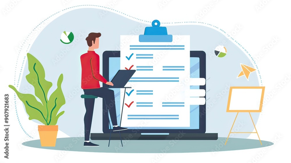 Checklist and clipboard task management. Businessman working on laptop ...