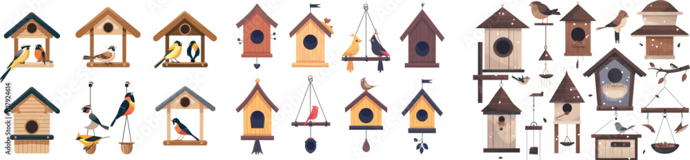 Bird feeder with winter birds eating from different wooden feeders ...