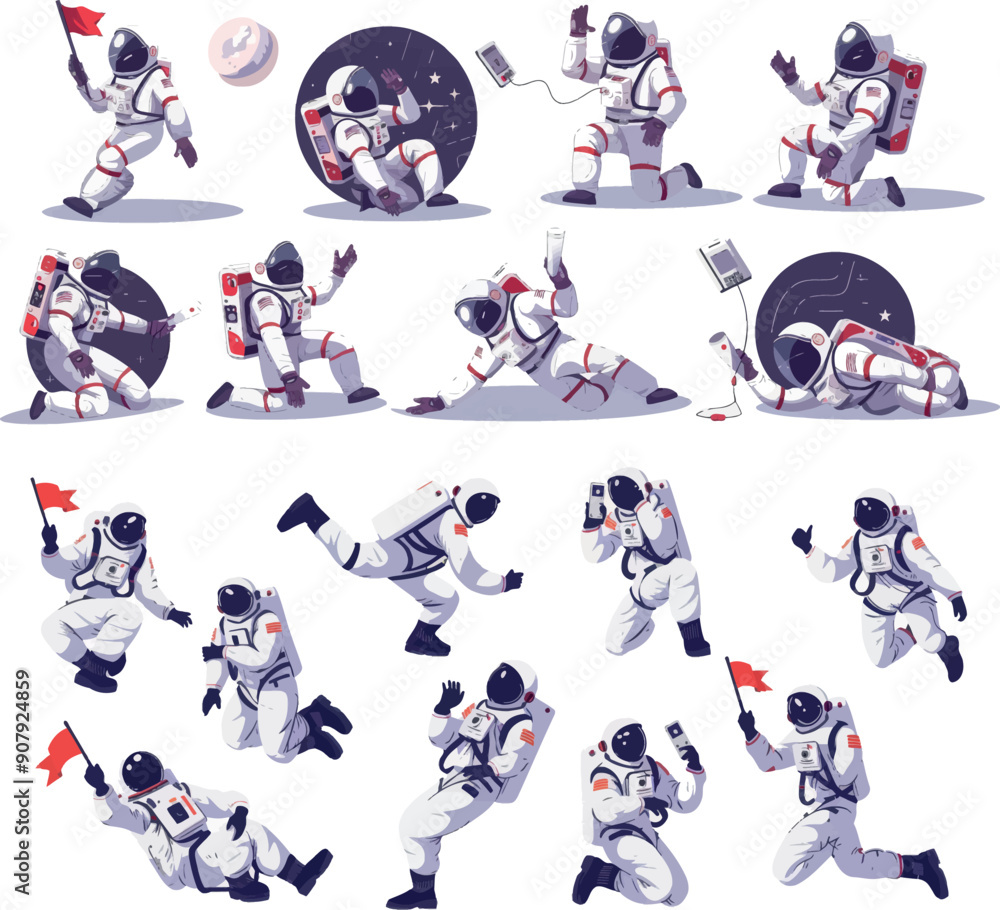 Astronauts in cartoon suits wearing flags and working with robots ...
