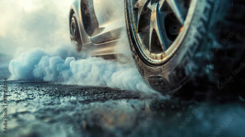 Car tire burnout produces thick smoke from tire friction with the ...