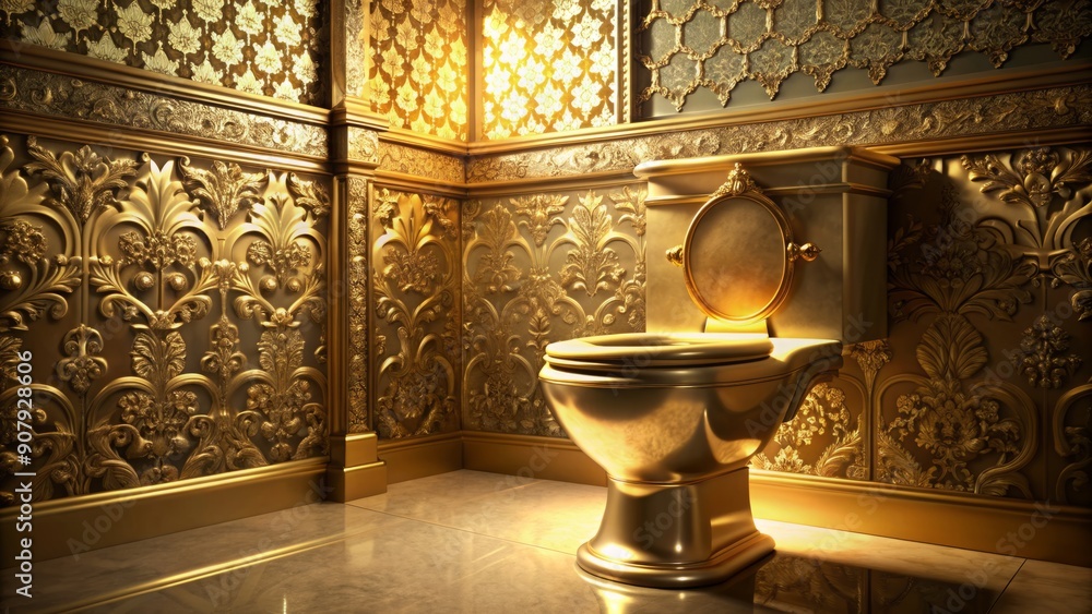 Elegant golden toilet shines in dimly lit atmosphere, showcasing ornate ...