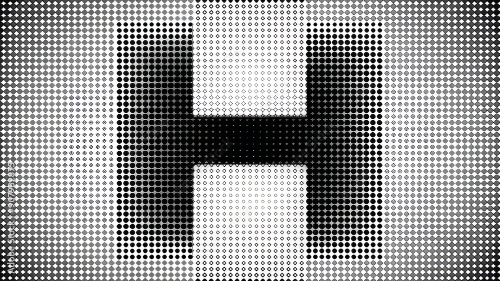 Horizontal halftone pattern of black capital letter H radiates from ...