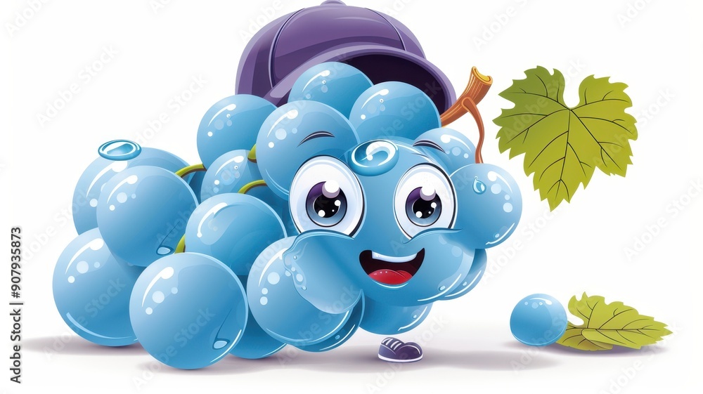 Cheerful blue grape cartoon character wearing a purple cap and sneakers ...