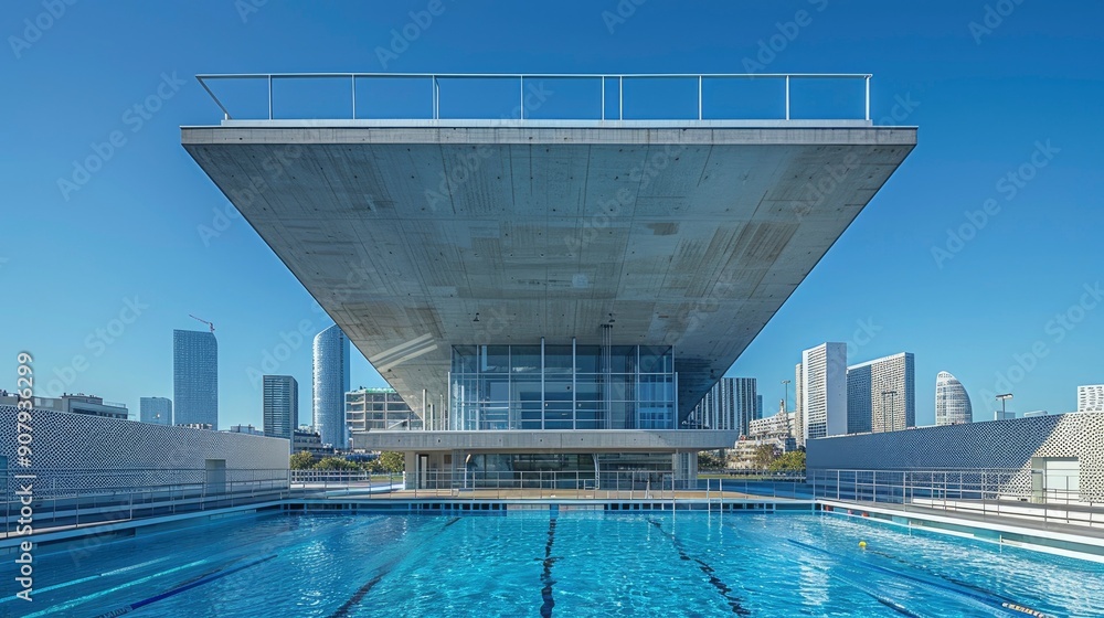 A dynamic capture of a diving competition held in an outdoor pool with ...