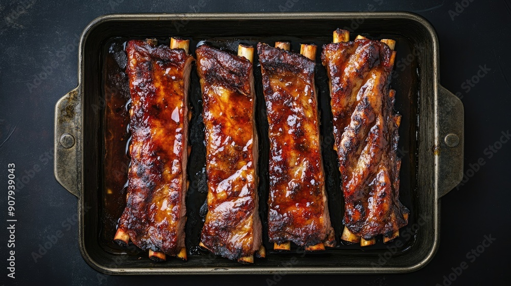 Top view of BBQ pork spare ribs with hot honey marinade, served in a ...